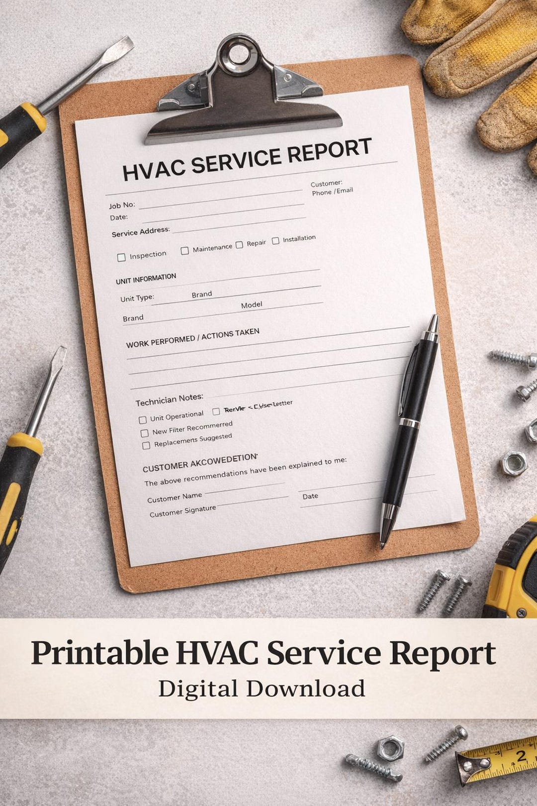 HVAC Service Report Template | Printable Technician Service Form ...