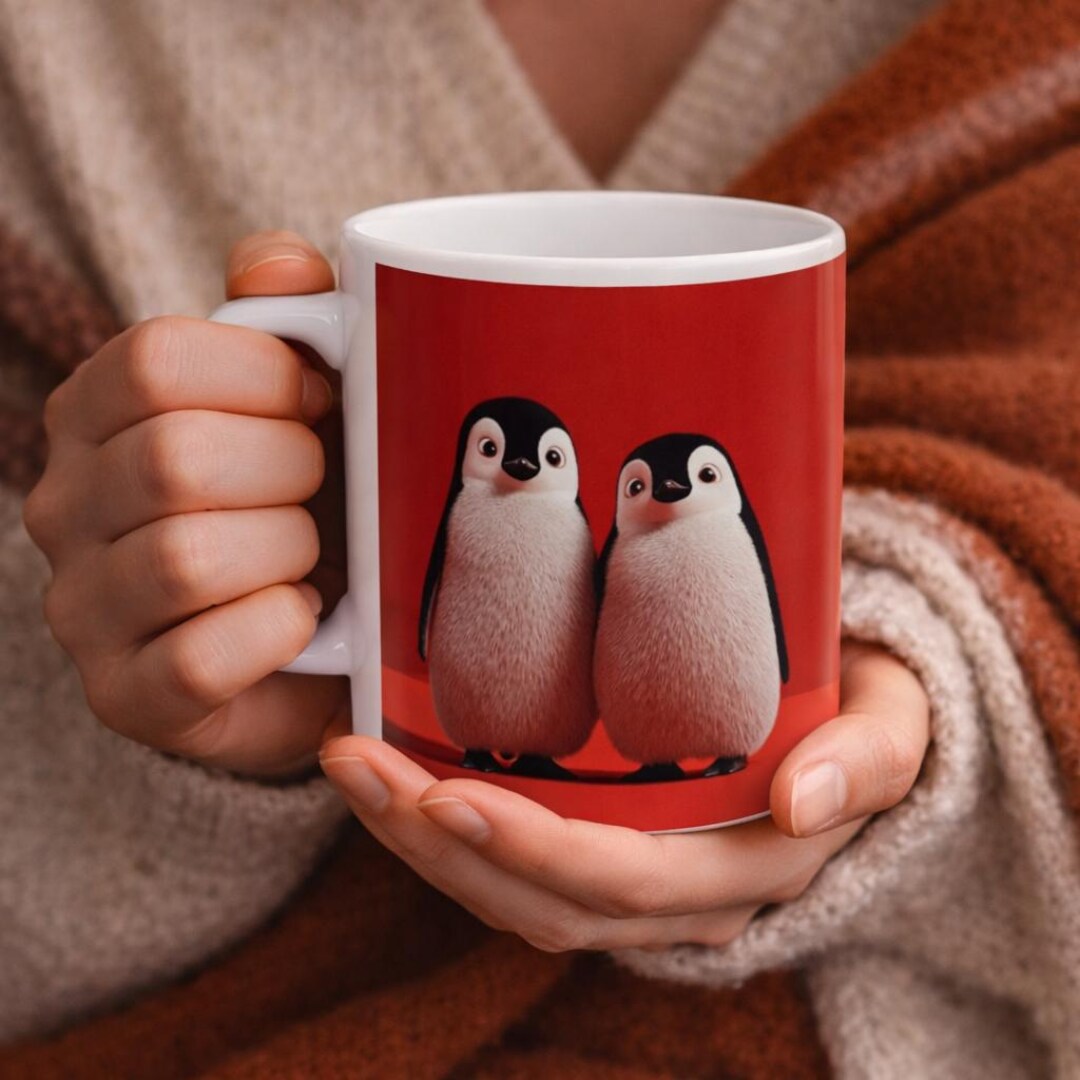 Penguin Illustration Coffee Mug | Red Ceramic Cup - Etsy