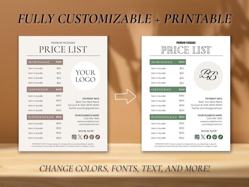 Editable Price List Template, Printable Menu, US Letter (digital ...