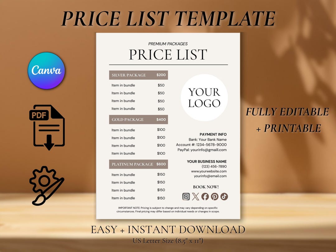 Editable Price List Template, Printable Menu, US Letter (digital ...