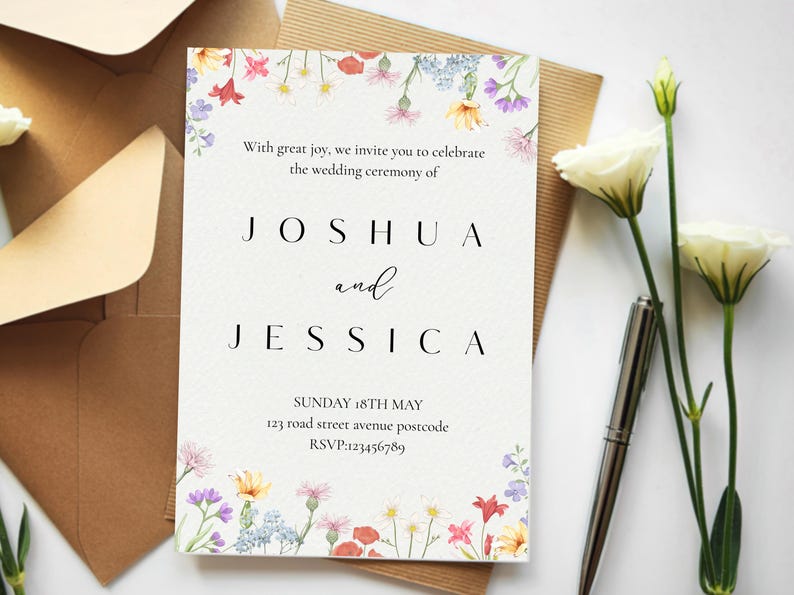 Wildflower Wedding Invitation Template, Watercolor Floral Invite ...