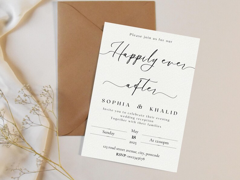 Editable Wedding Invitation Template, Minimal Modern Happily Ever After ...