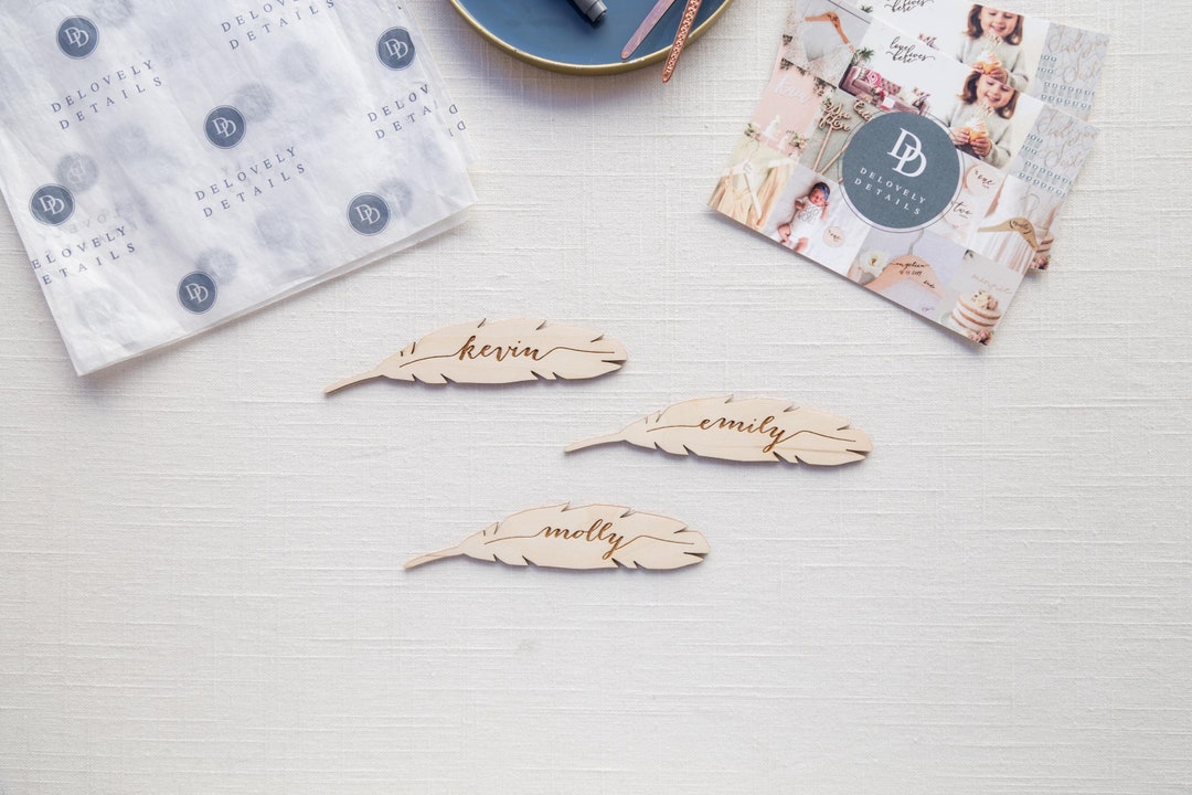 Boho Feather Name Place Card / Tag - Laser Engraved and Cut Wood - Etsy