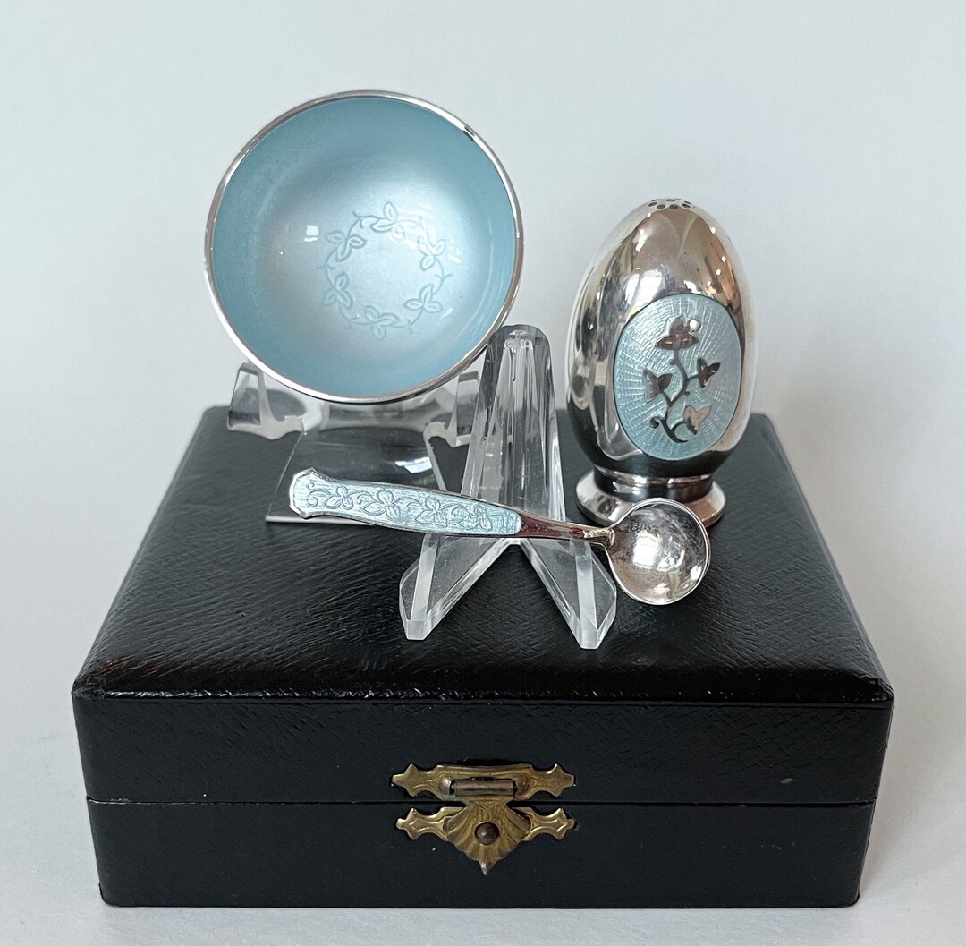 Blue MEKA Pepper Shaker Salt Cellar Dish Bowl Spoon Guilloche Enamel ...