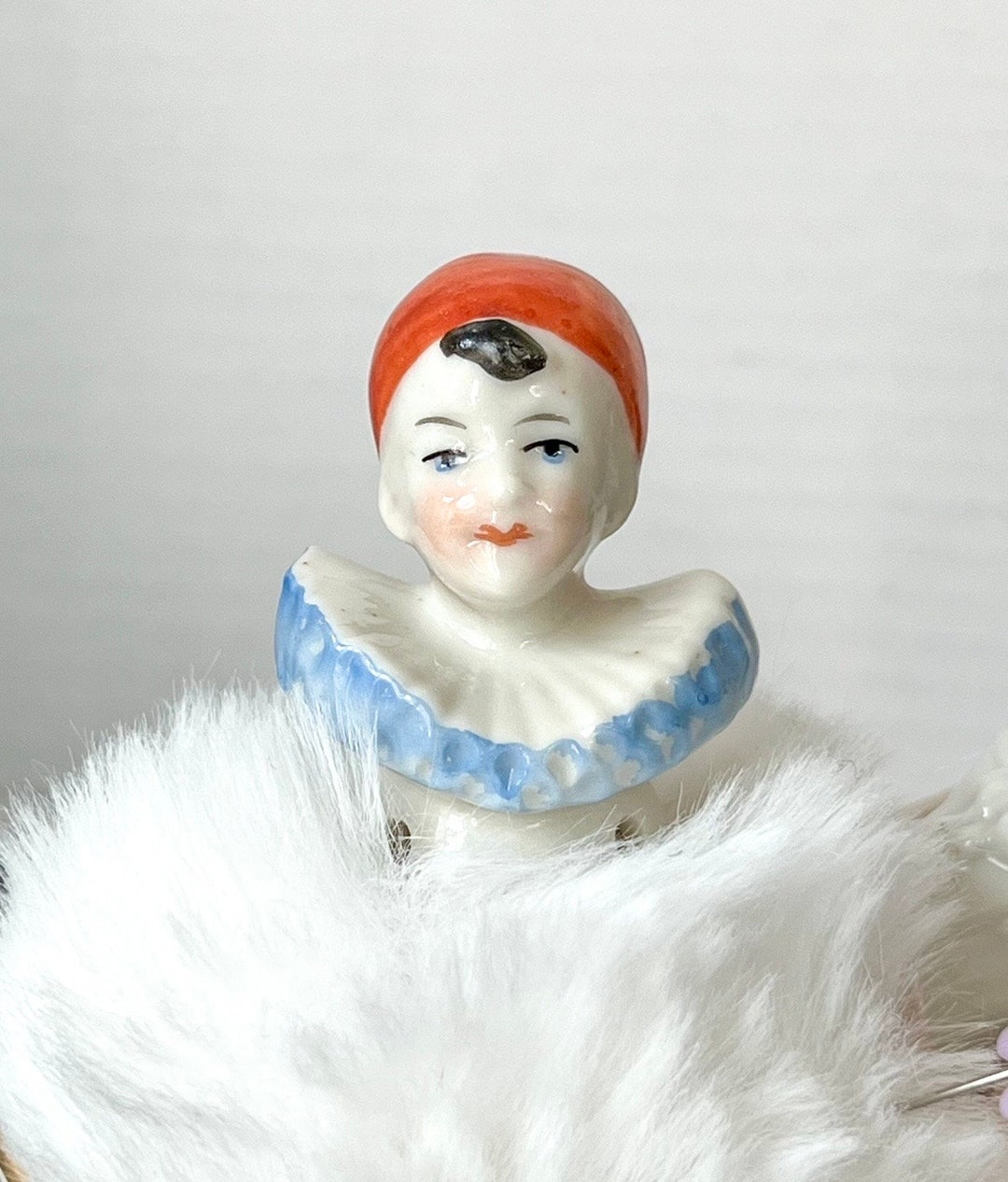 Cute Pierrot Boy Head Theatre Pierette Clown Pin Cushion Half Doll ...