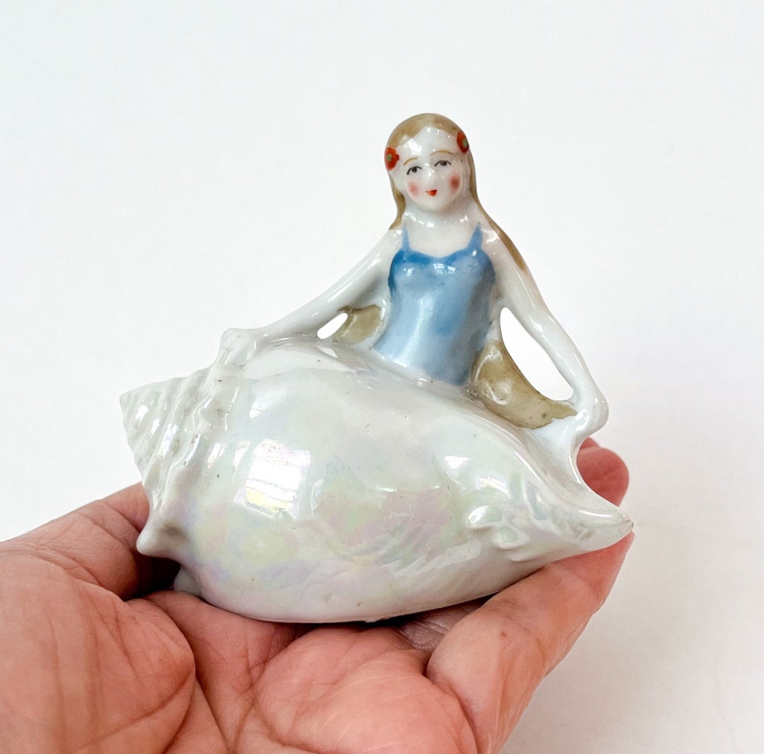 Lovely Blue Lady Bathing Beauty Woman Mermaid Luster Shell Figurine ...