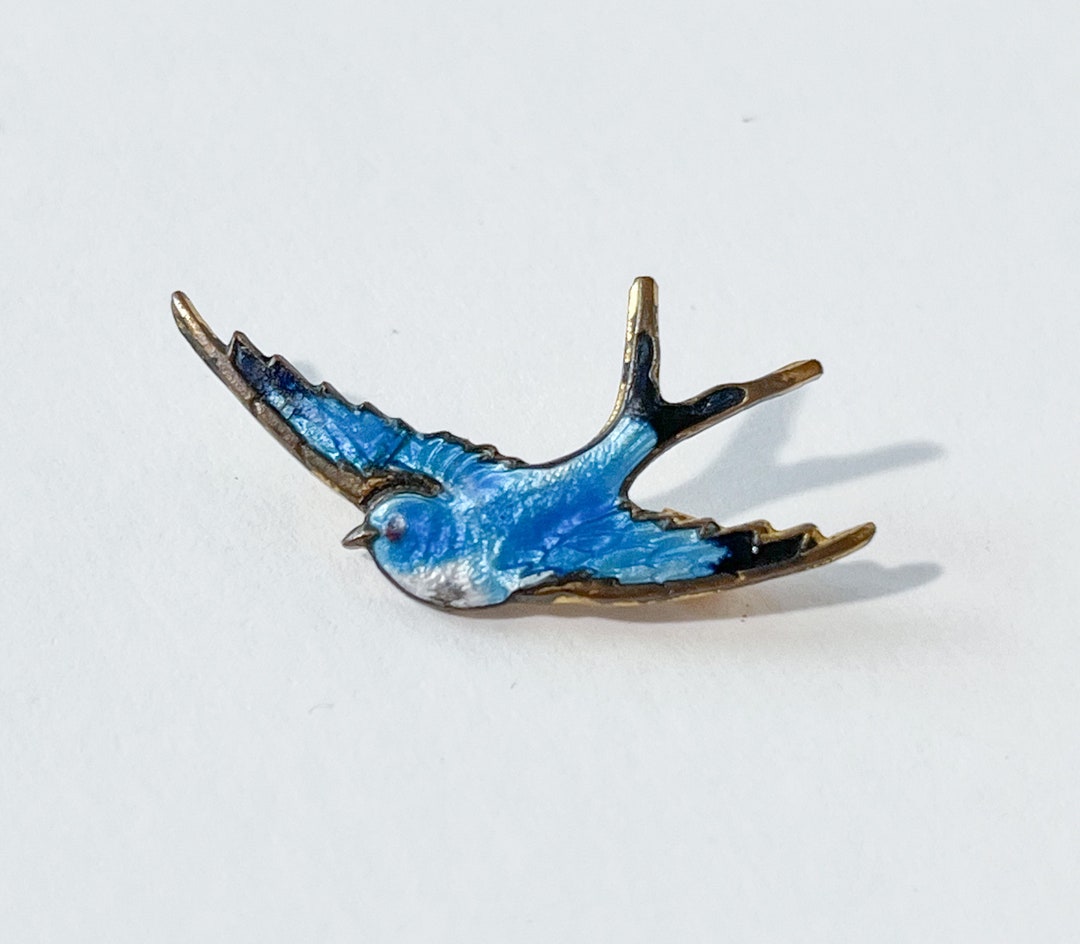 Mini Blue Bird Pin Brooch Swallow Sparrow Guilloche Enamel Brass Brooch ...