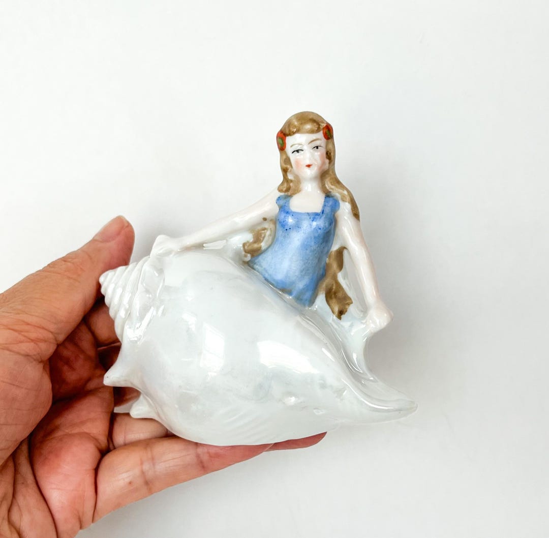 Sweet Bathing Beauty Lady Woman Mermaid Luster Shell Figurine Porcelain ...