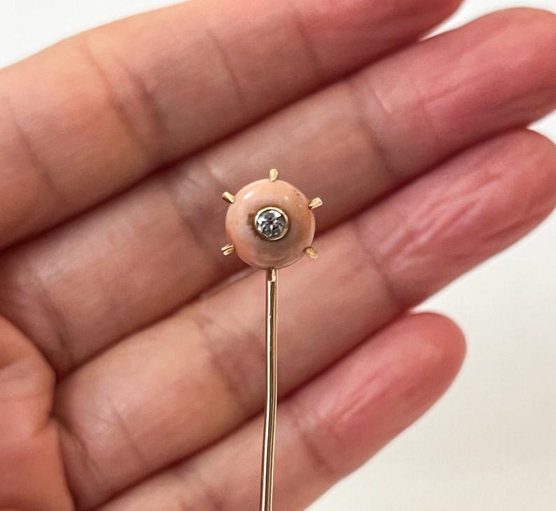 Fine Victorian Stickpin Diamond Natural Angel Skin Coral 10K Gold Tie ...