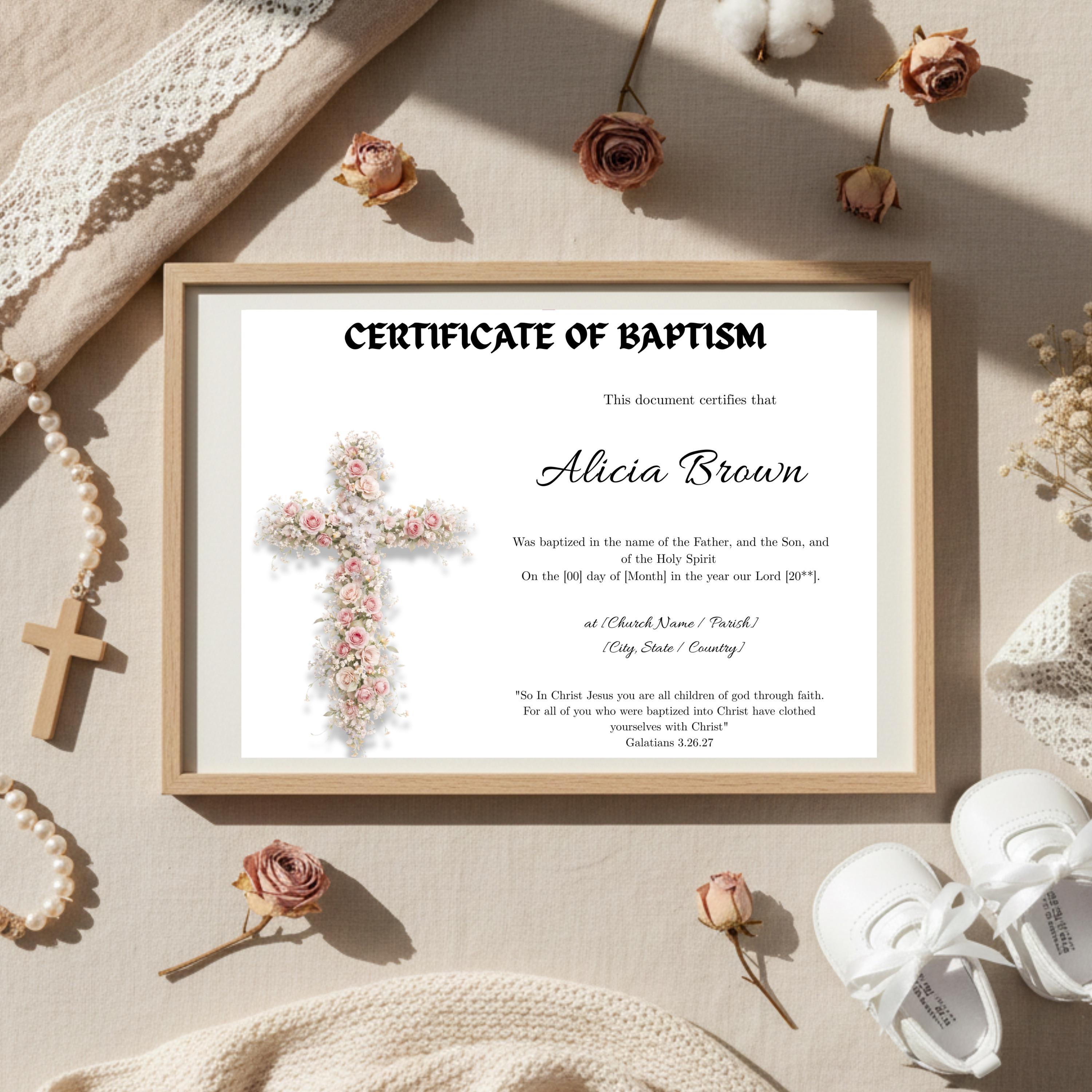 Editable Baptism Certificate Template, Floral Cross Certificate of ...