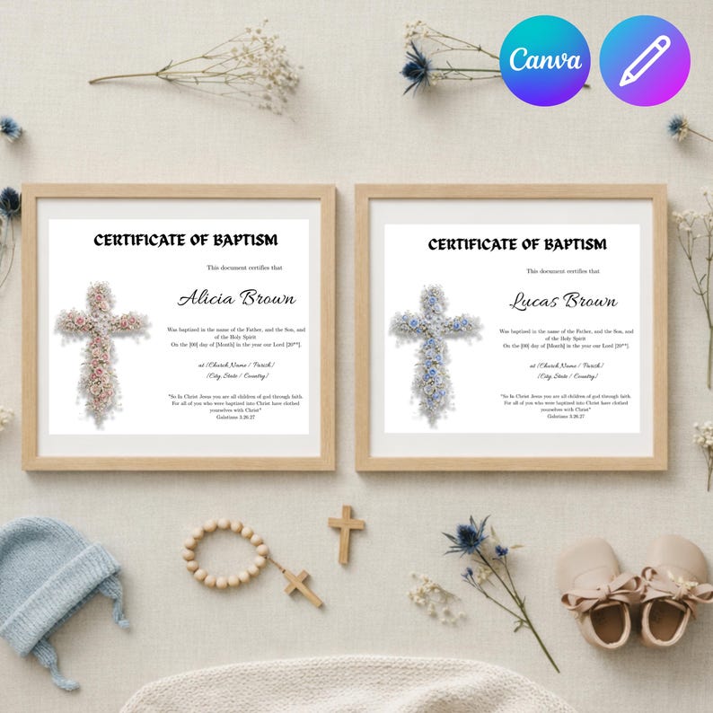 Editable Baptism Certificate Template, Floral Cross Certificate of ...
