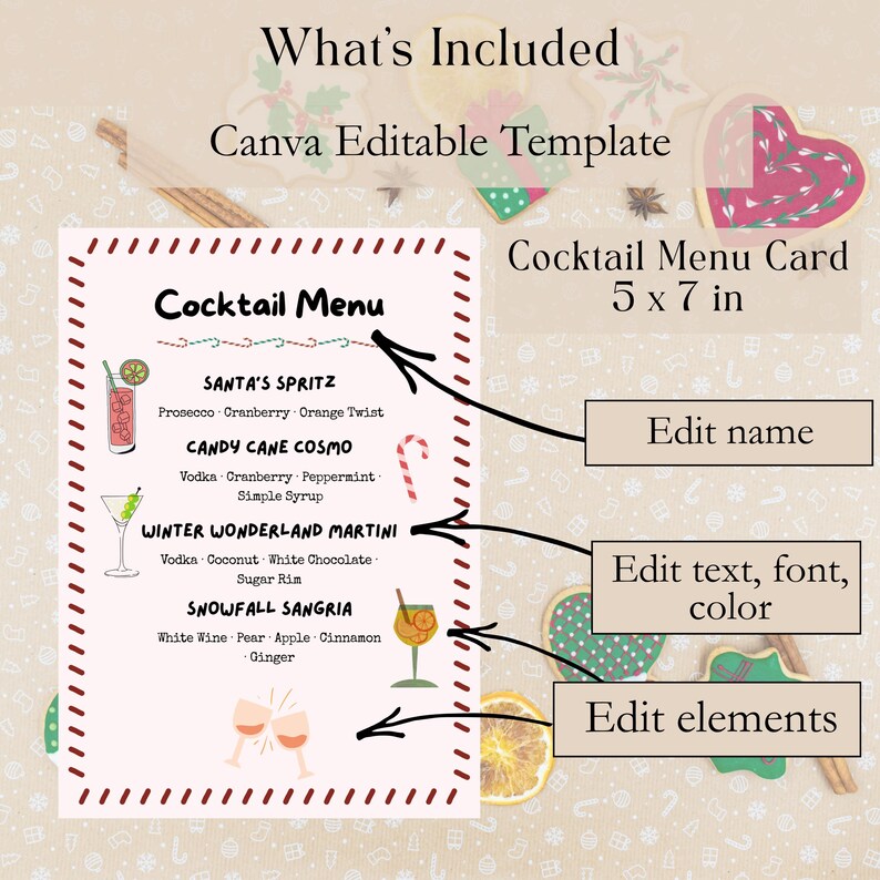 Editable Christmas Cocktail Menu Template, Holiday Drink Menu Sign ...