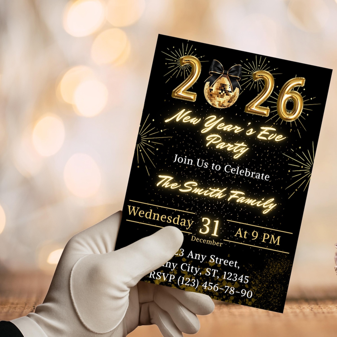 Editable New Year’s Eve Invitation 2026, Gold Black NYE Party Invite ...