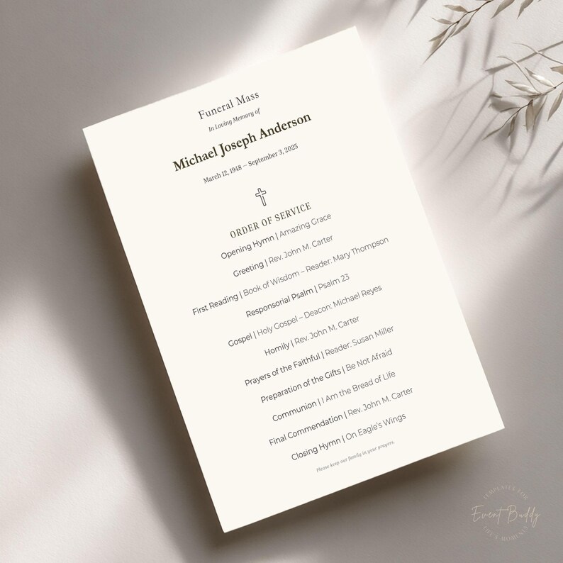 Simplified Catholic Funeral Mass Program Template Editable in Canva Single Page Order of Service ...