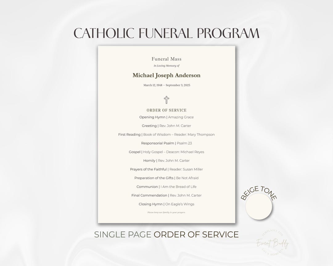 Simplified Catholic Funeral Mass Program Template Editable in Canva ...