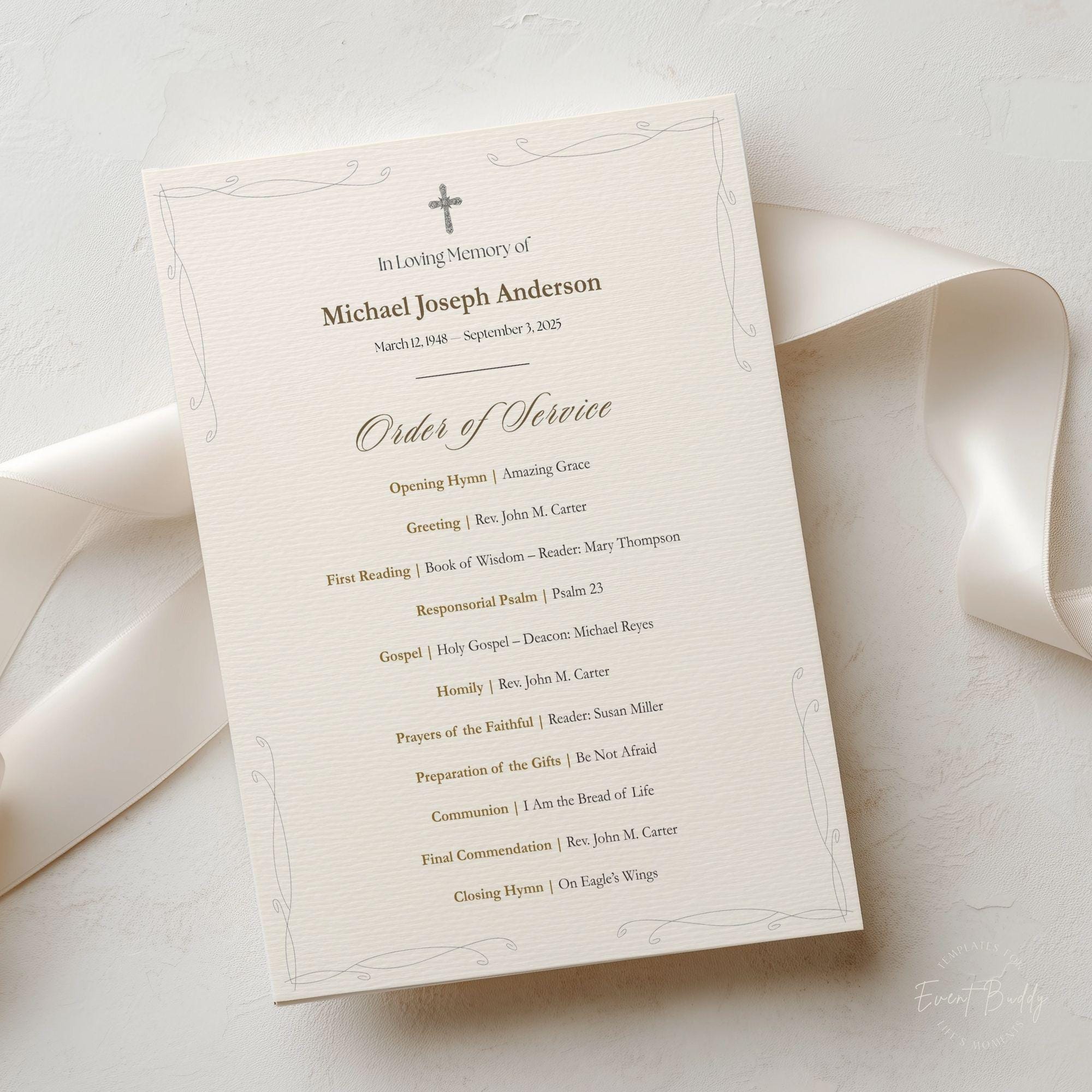 Minimal Catholic Funeral Mass Program Template Editable in Canva Single ...