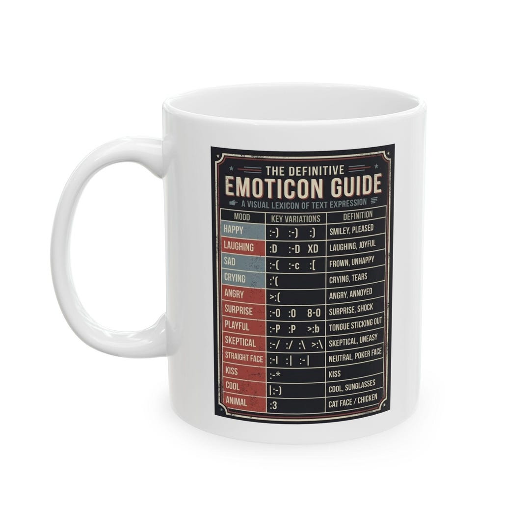Retro Text Based Emoticon Guide Ceramic Mug, 11oz Nostalgic Lists ...