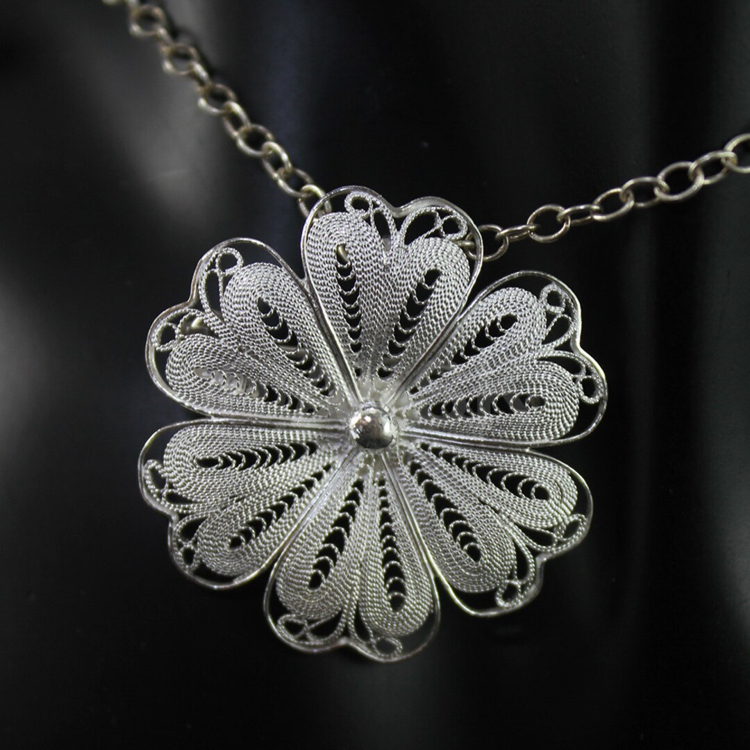 Handmade 925 STERLING SILVER Filigree Daisy Flower Earrings Pendant ...