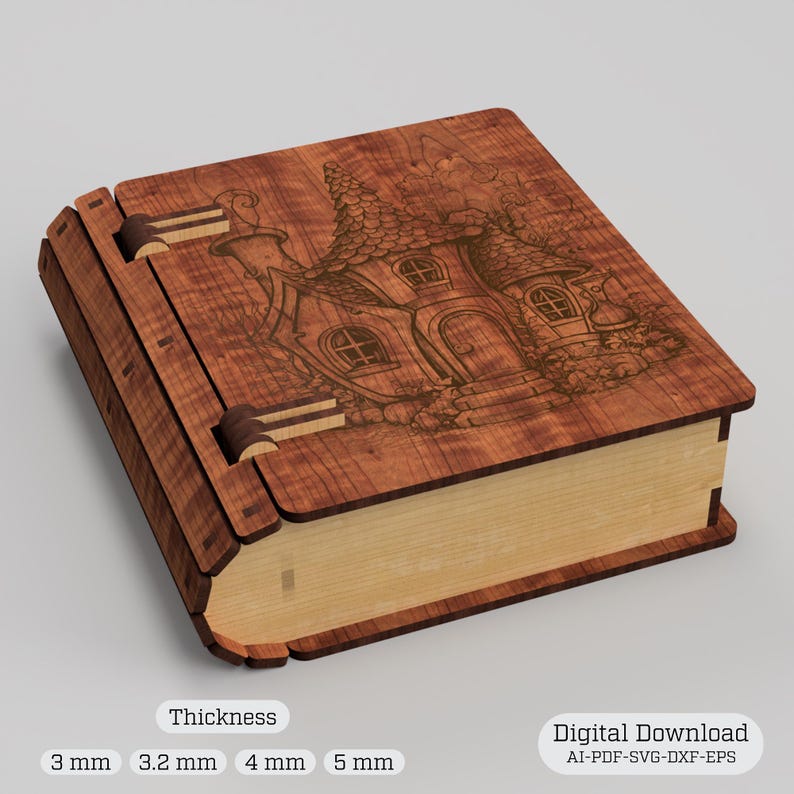 Laser Cut Book Box SVG Cut File | Wooden Book Shaped Box With Hinged ...