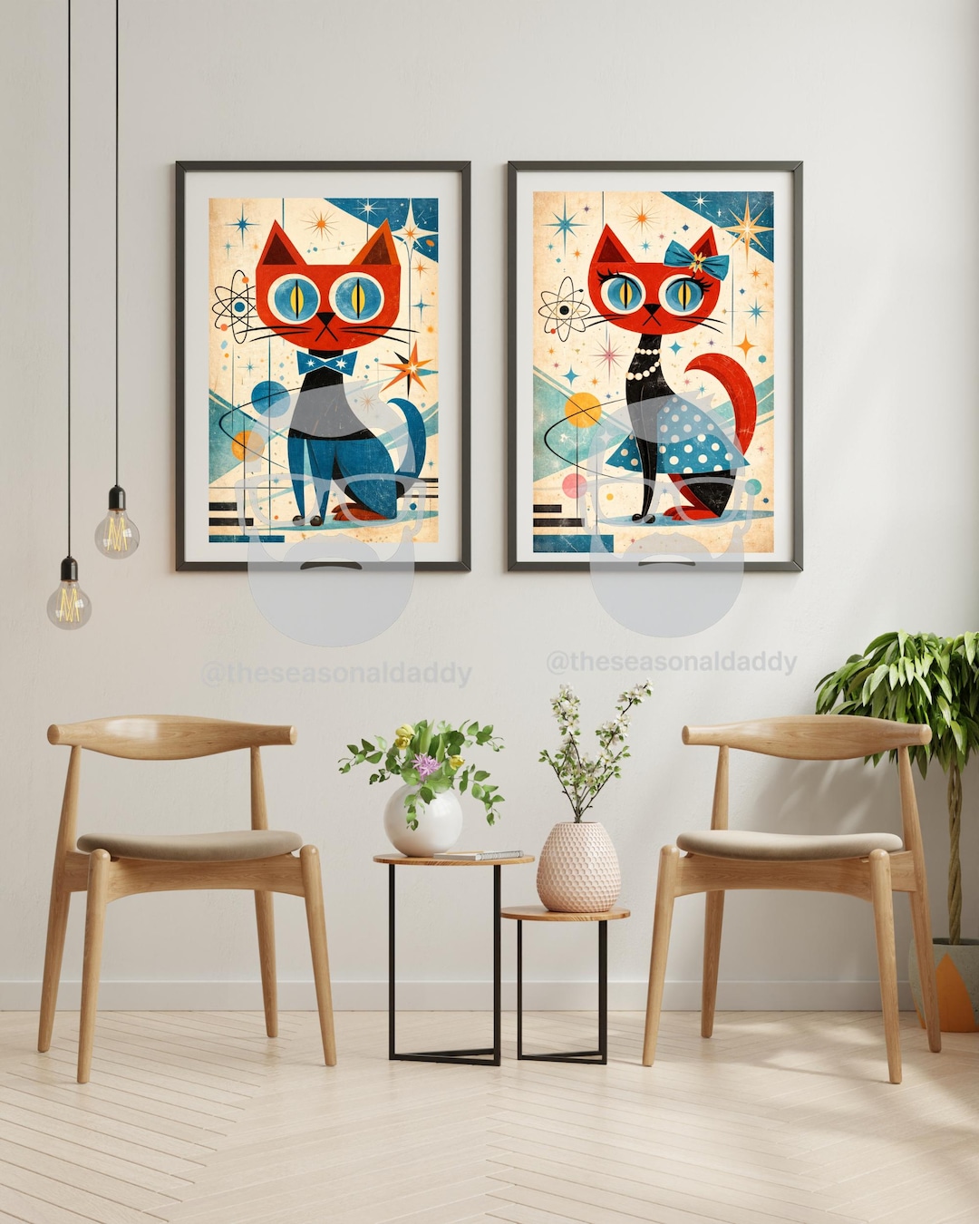 Mid-century Atomic Cat Print Set – Retro Space Age Wall Art (digital ...