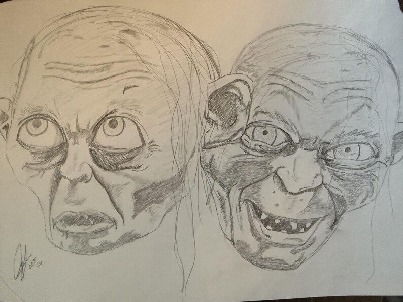 Smeagol and Gollum Pencil Drawing - Lord of the Rings - Etsy