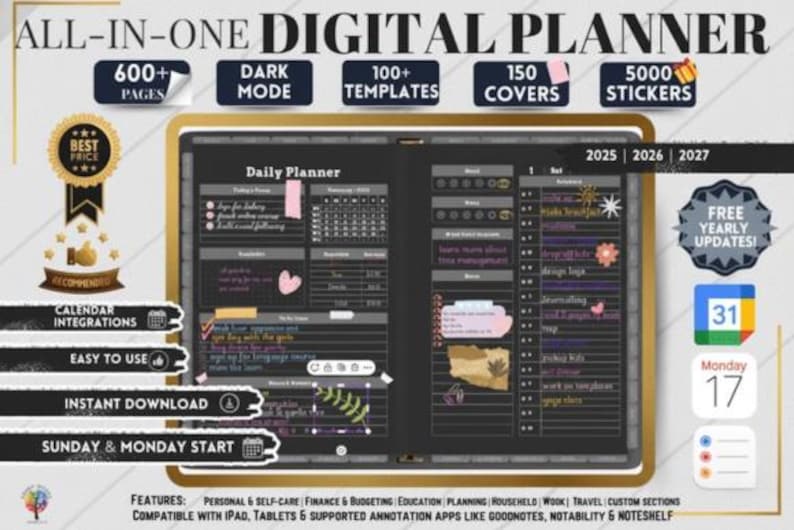 Digital Planner 2026 Dark Mode Goodnotes iPad Undated Hyperlinked ...