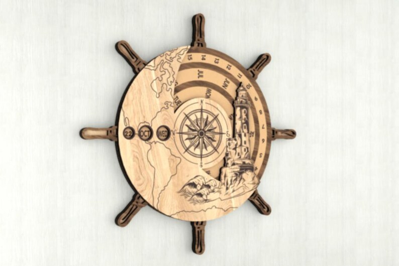 Laser Cut Perpetual Calendar Ship Wheel Nautical Glowforge Lighthouse ...