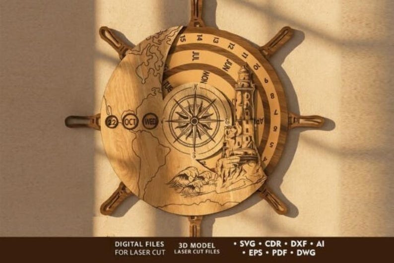 Laser Cut Perpetual Calendar Ship Wheel Nautical Glowforge Lighthouse ...