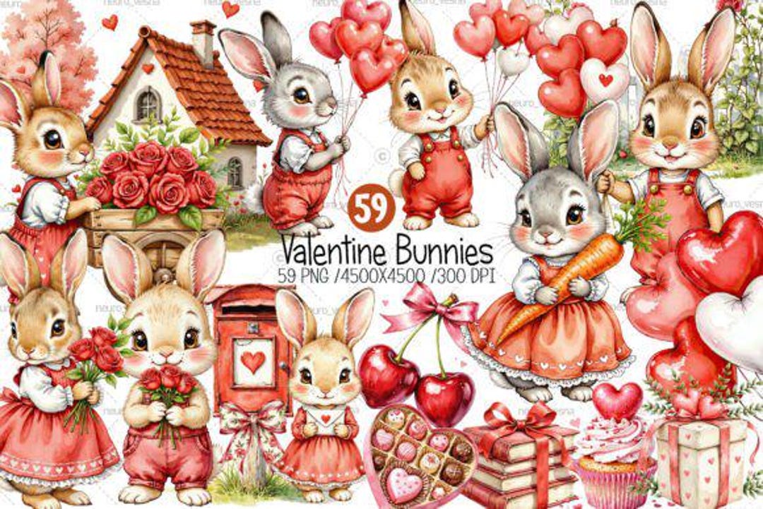 Valentine Bunny Clipart – Watercolor Animal Bundle, Romantic Clipart ...