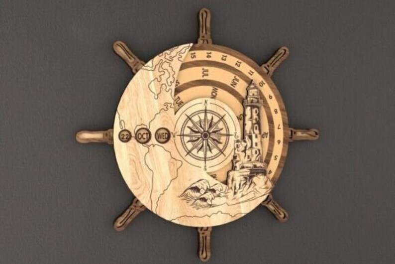 Laser Cut Perpetual Calendar Ship Wheel Nautical Glowforge Lighthouse ...