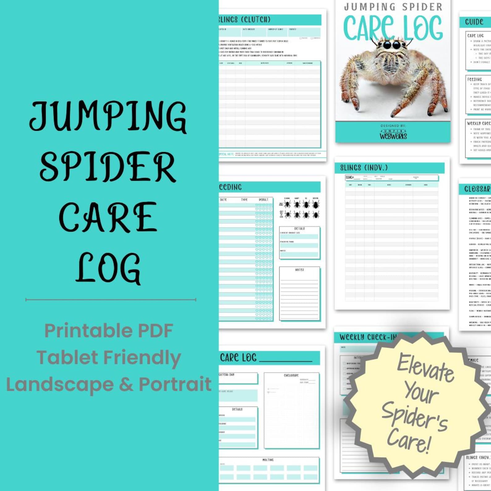 Jumping Spider Care Log | Printable PDF & Tablet Planner | Feeding Molt ...