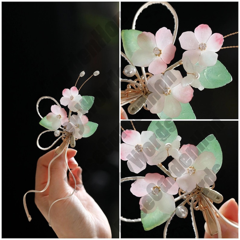 Pink Floral Hair Clip Chinese Hanfu Wedding Bridal Hairpin Vintage ...