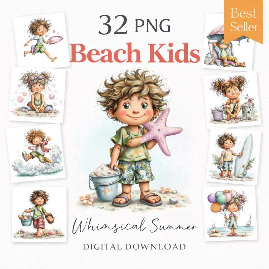 Whimsical Beach Kids Clipart 32 PNG Summer Children Cute Coastal ...
