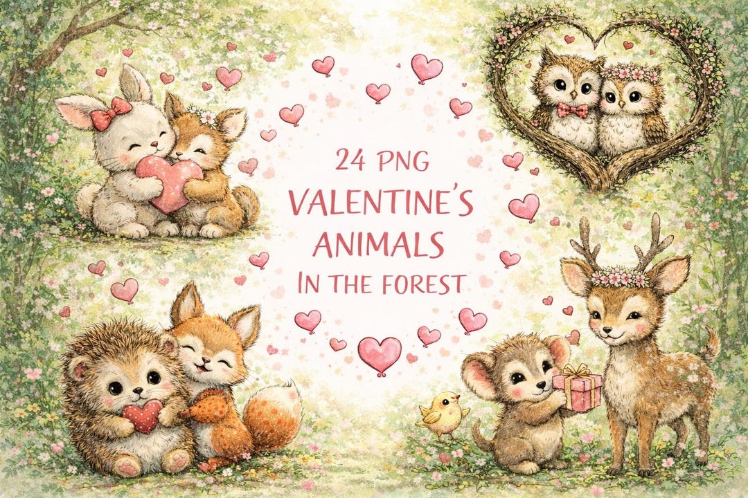 Valentine Woodland Animals Clipart, Whimsical Nursery Graphics (24 PNG ...