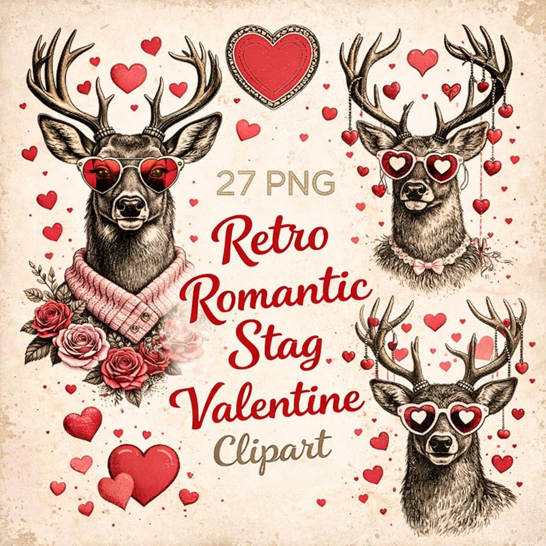 Retro Romantic Stag Valentine Clipart - Etsy