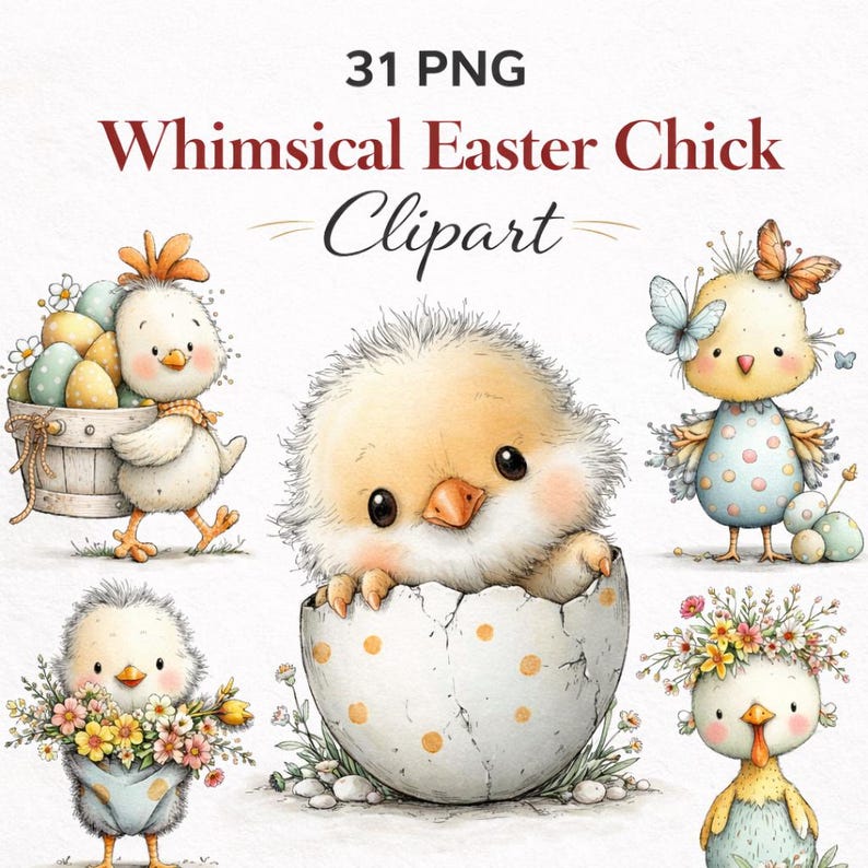 Whimsical Easter Chick Clipart Bundle: 31 PNG Watercolor Chicks ...