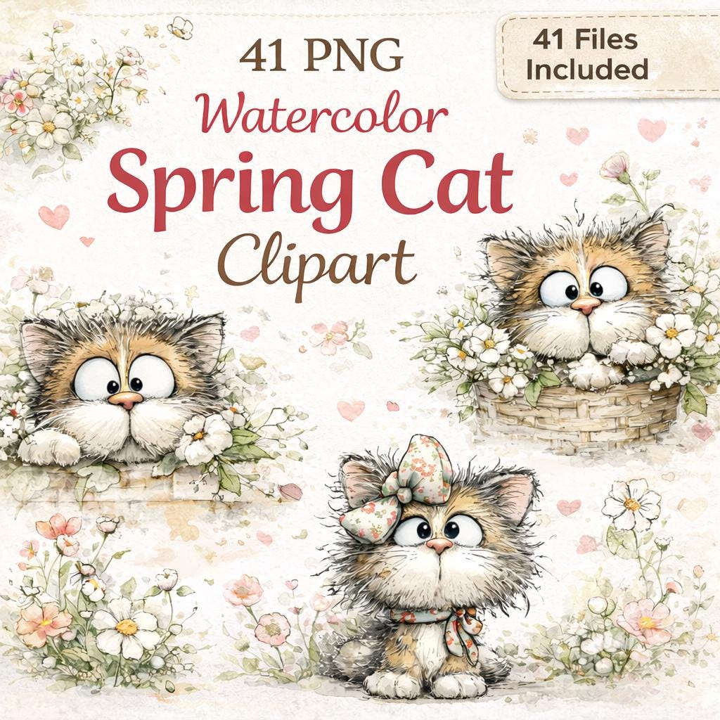 Watercolor Spring Cat Clipart, Floral Kitten Illustration (digital ...