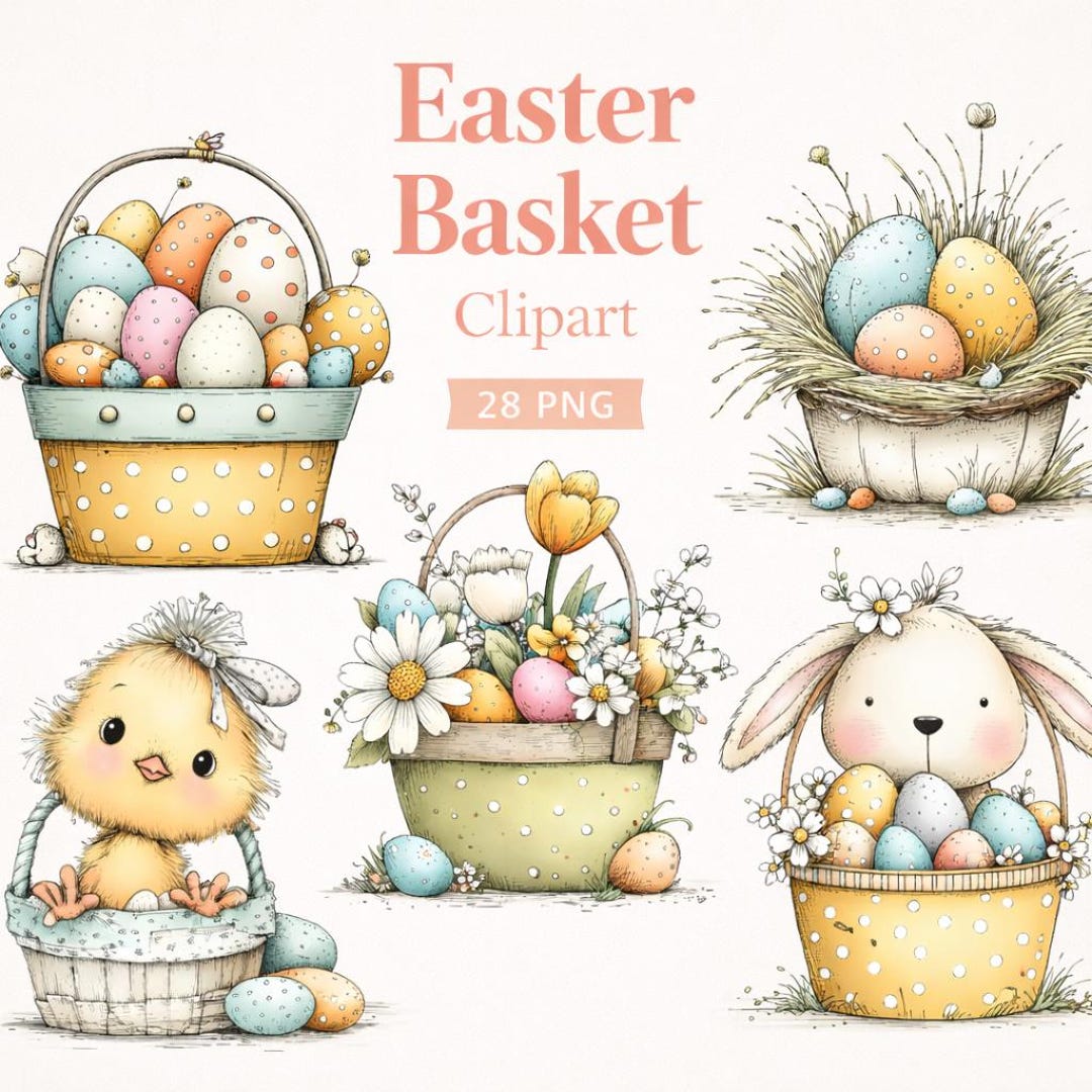 Easter Basket Clipart PNG Bunny Eggs Spring Floral Chick Pastel Holiday ...