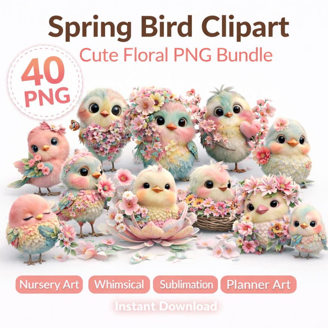 Spring Bird Clipart Bundle: Whimsical Floral PNG for Nursery ...