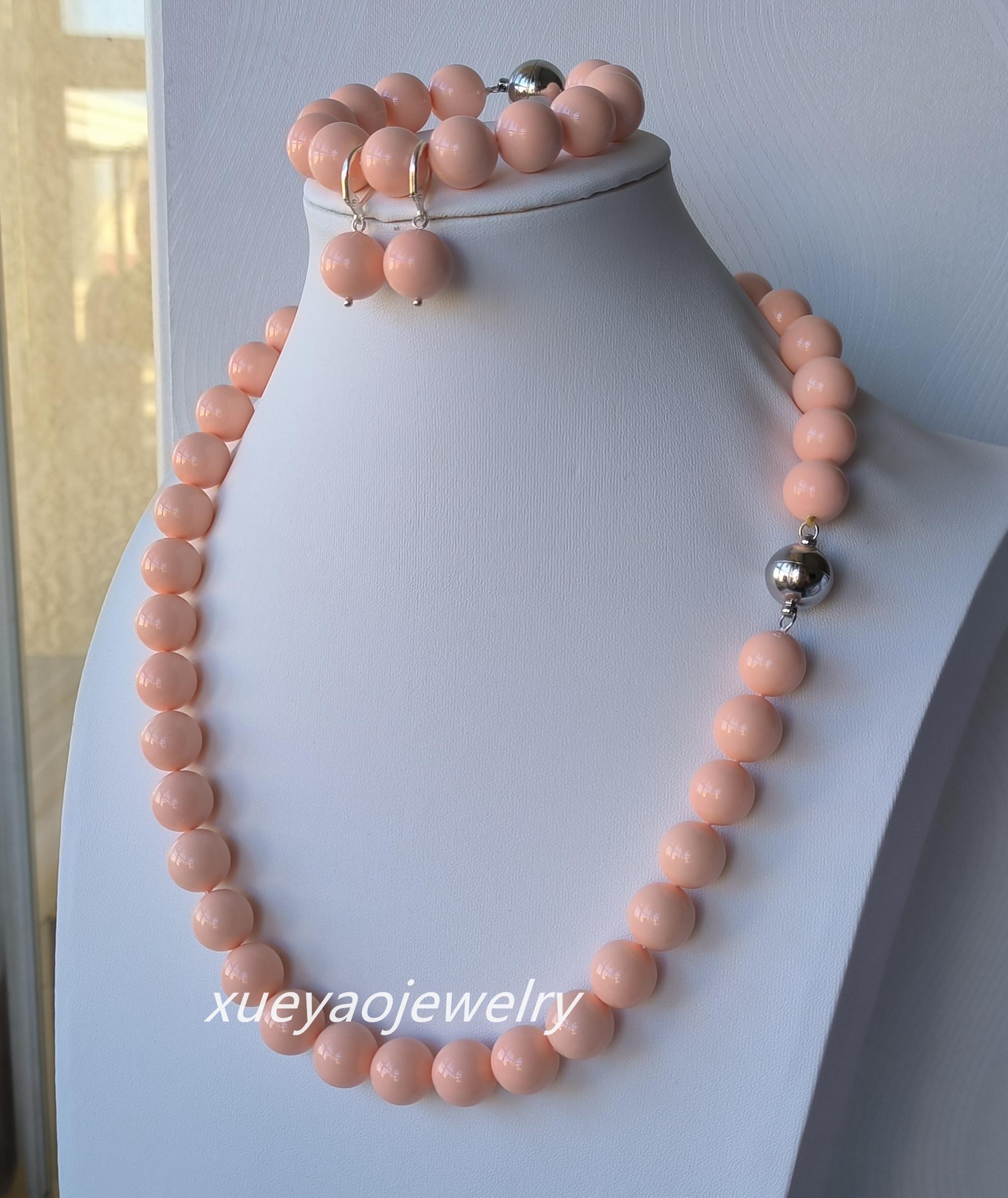Jewelry Set, 14 Mm Coral Color Shell Pearl Necklace Bracelet & Earrings ...