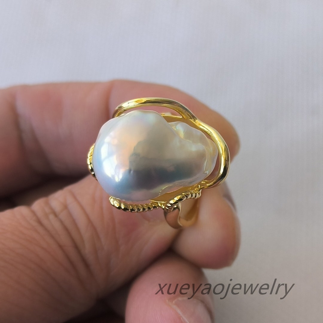 Baroque Pearl Ring, Big White Freshwater Pearl Ring, Adjustable Ring, Open Pearl Ring, Statement ...
