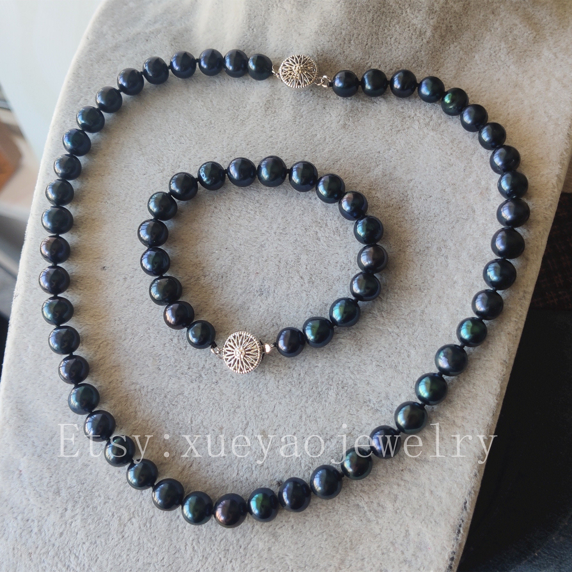 Black pearl set cultured 9-9.5mm black freshwater pearl | Etsy