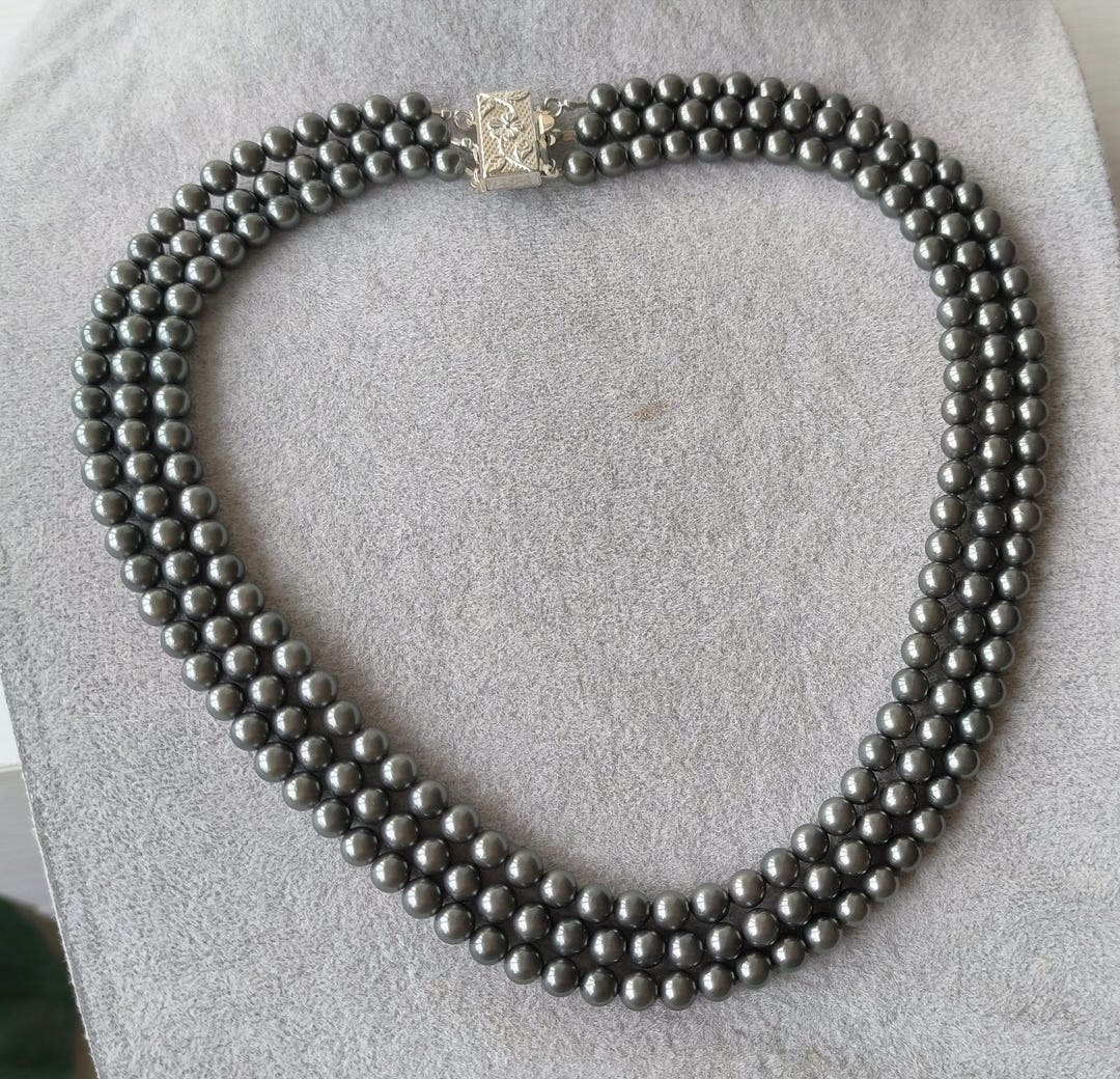 3 Rows Necklace, 6 Mm Black Shell Pearl Necklace - Etsy