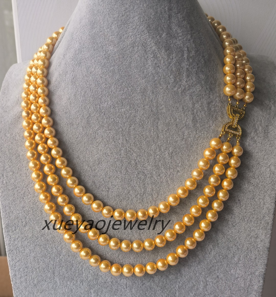 Gold Shell Pearl Necklace: 3-row Fashion Jewelry - Etsy