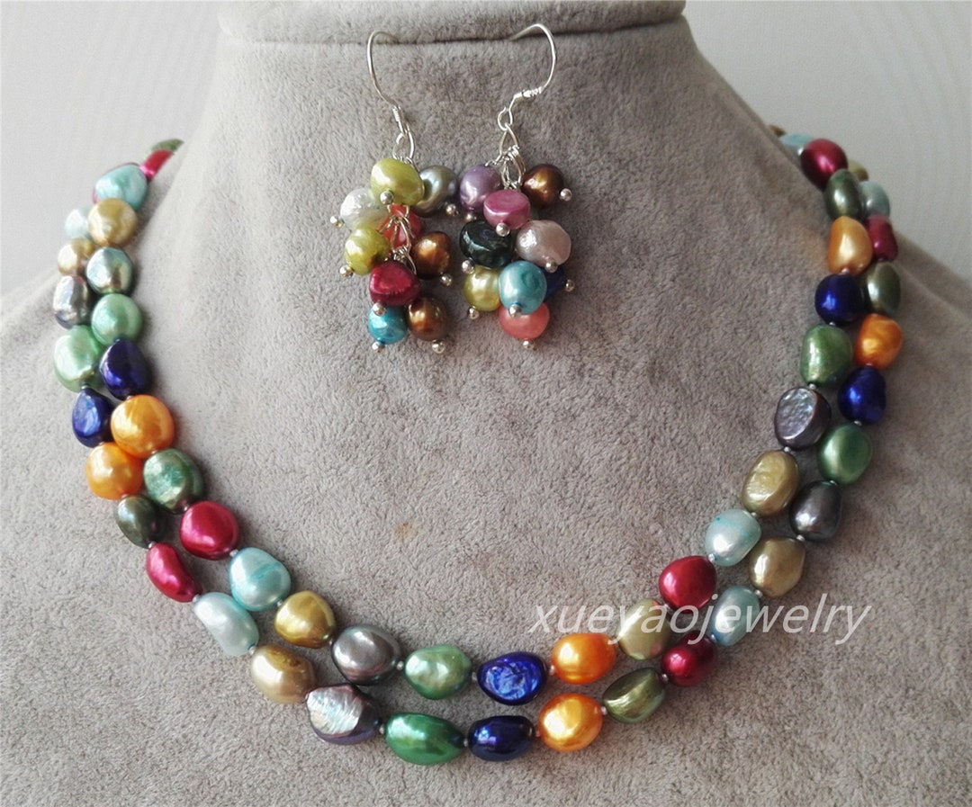 Pearl Set, Double Rows 8-9 Mm Multi-color Baroque Pearl Necklace ...