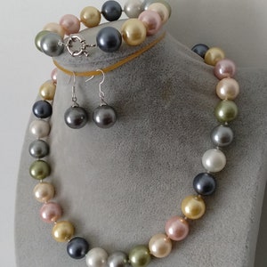Jewelry Set, 14 Mm Multi-color Shell Pearl Necklace Bracelet & Earrings ...