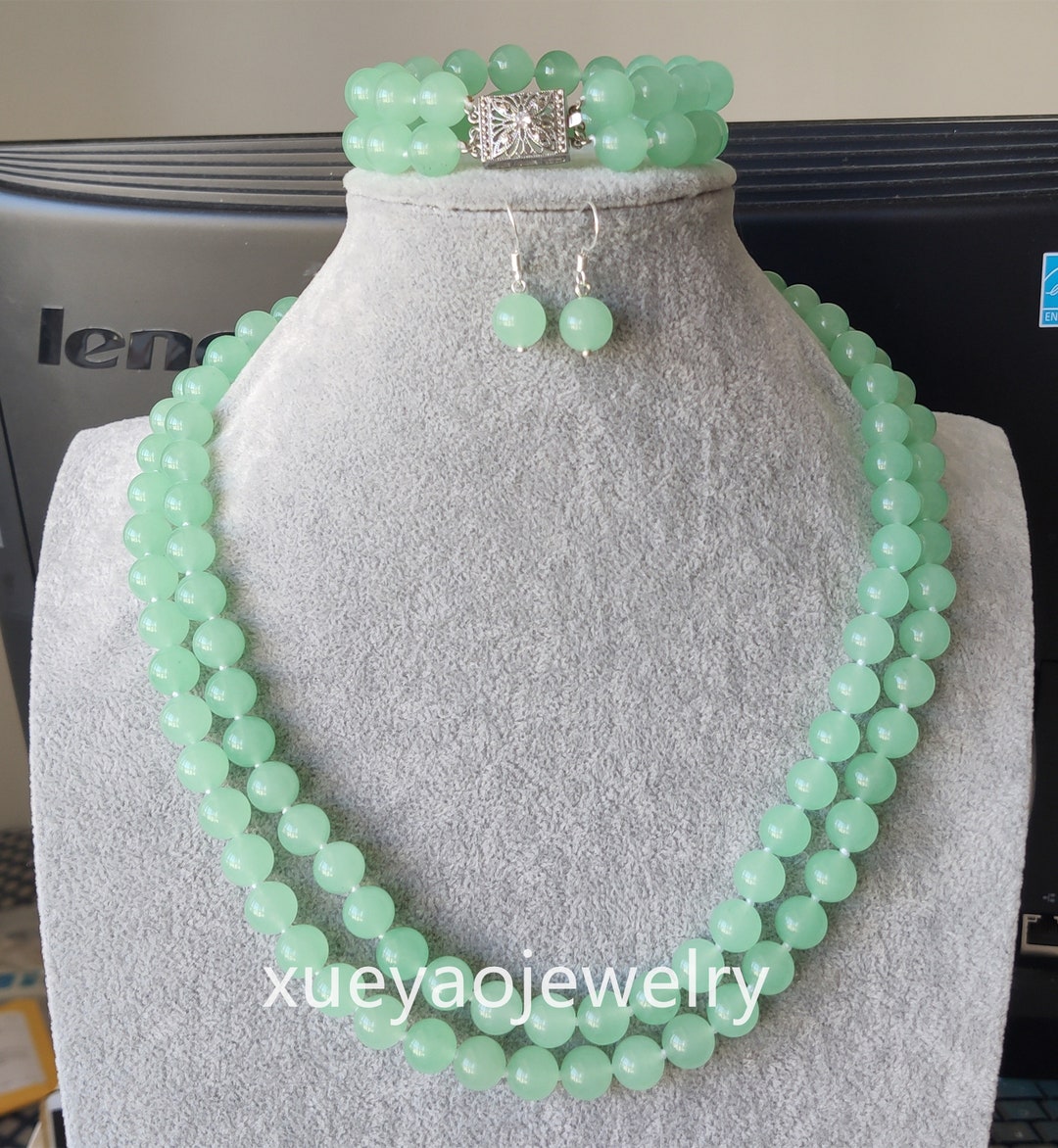 Jewelry Set Double Rows Light Green Jade Necklace Bracelet & Earrings ...