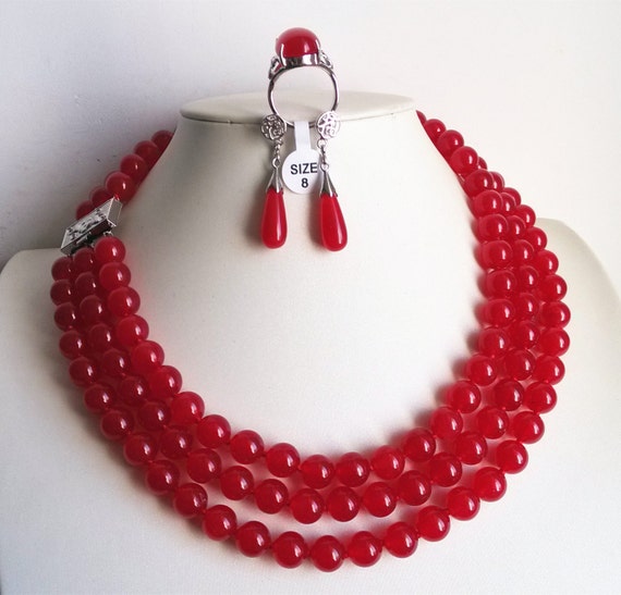 JADE SET 3 rows 10mm red jade necklace earring & ring set | Etsy