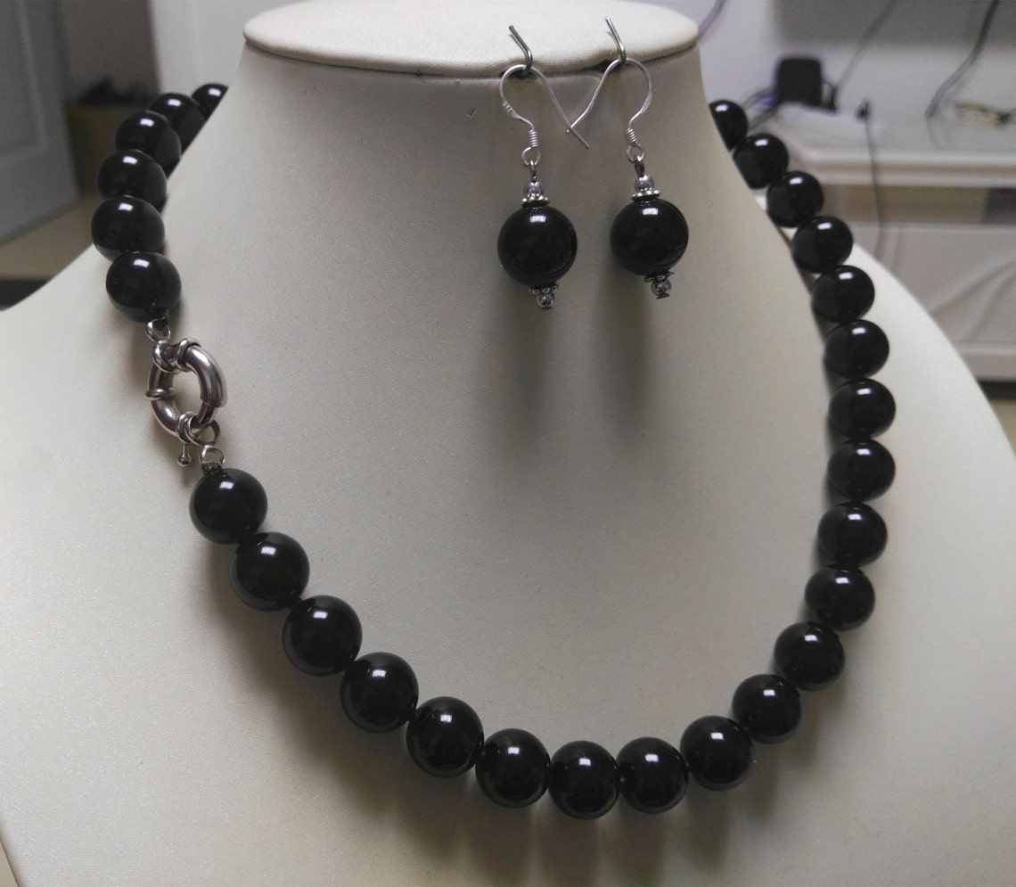 Jade necklace 12mm black jade necklace & earring set | Etsy