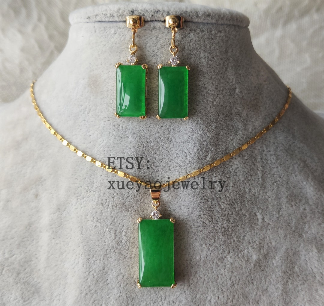 Green Jade Jewelry Set: Earrings & Pendant - Etsy